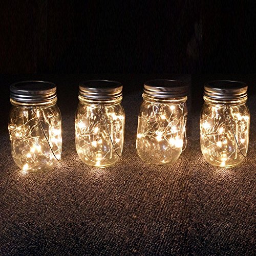 WERTIOO 4 Pack Solar Mason Jars Lights, 30 LEDs Hanging Solar Lanterns Garden Decor Outdoor Lights Warm White Table Decor Fairy Lights for Balcony Patio Porch Christmas Party