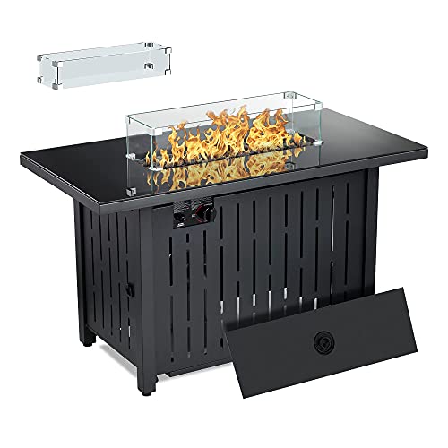 CUREALLSO 43 Inch Propane Fire Pit, 50,000BTU Auto-Ignition Gas Fire Pit Table with Glass Wind Guard, CSA Approved, 6.6 Pounds Lava Stone for Outdoor Garden Patio Backyard Deck Poolside