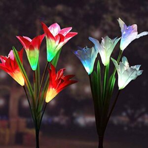 solar lily flower light, epicgadget multi color changing outdoor solar flower garden decorative lights for walkway pathway backyard christmas decoration parties (2 pieces)