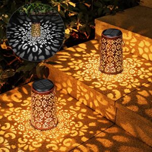 solar lantern – hanging solar lights outdoor waterproof, metal lantern decorative solar powered patio decor for garden yard backyard porch table pathway tree lighting, cool/warm light, 2 pack