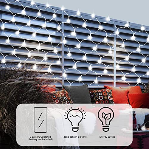 BSGlobal 3 X D Battery Operated Net Lights, 6.6ft X 9.8ft 200 LED Mesh Lights Remote 8 Modes, Waterproof Net Lights Outdoor Mesh Lights for Garden Bush Wall House Party Wedding (Cool White)