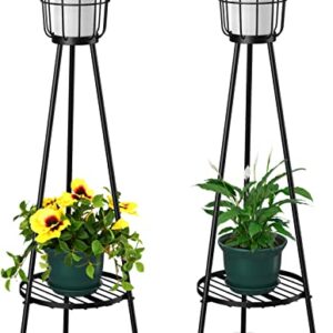 VISFLAIR Metal Solar Floor Lamps Outdoor with Plant Stand, 2 Pack Waterproof Solar Lantern Lights for Patio Deck Yard Garden Porch (Black)