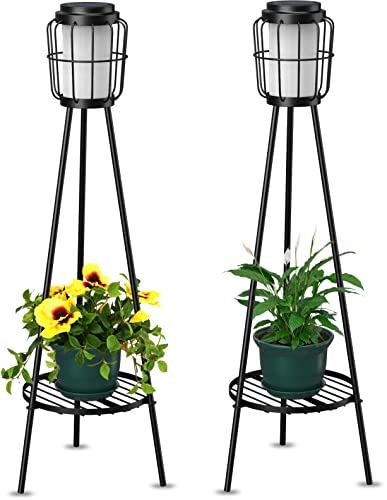 VISFLAIR Metal Solar Floor Lamps Outdoor with Plant Stand, 2 Pack Waterproof Solar Lantern Lights for Patio Deck Yard Garden Porch (Black)