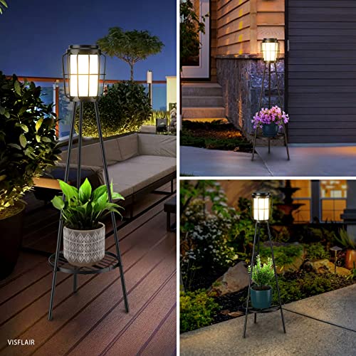 VISFLAIR Metal Solar Floor Lamps Outdoor with Plant Stand, 2 Pack Waterproof Solar Lantern Lights for Patio Deck Yard Garden Porch (Black)