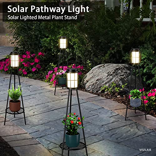 VISFLAIR Metal Solar Floor Lamps Outdoor with Plant Stand, 2 Pack Waterproof Solar Lantern Lights for Patio Deck Yard Garden Porch (Black)