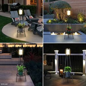 VISFLAIR Metal Solar Floor Lamps Outdoor with Plant Stand, 2 Pack Waterproof Solar Lantern Lights for Patio Deck Yard Garden Porch (Black)