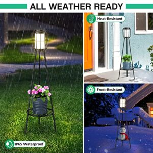 VISFLAIR Metal Solar Floor Lamps Outdoor with Plant Stand, 2 Pack Waterproof Solar Lantern Lights for Patio Deck Yard Garden Porch (Black)