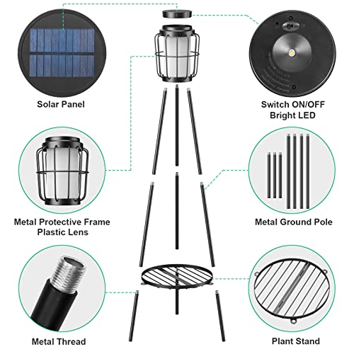 VISFLAIR Metal Solar Floor Lamps Outdoor with Plant Stand, 2 Pack Waterproof Solar Lantern Lights for Patio Deck Yard Garden Porch (Black)