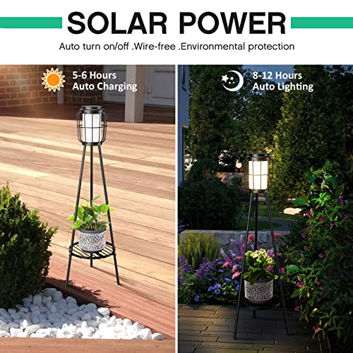 VISFLAIR Metal Solar Floor Lamps Outdoor with Plant Stand, 2 Pack Waterproof Solar Lantern Lights for Patio Deck Yard Garden Porch (Black)