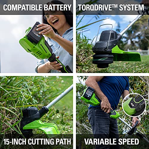 Greenworks 2 x 24V (48V) 15" Cordless String Trimmer, (2) 2.0Ah USB Batteries and Dual Port Rapid Charger Included