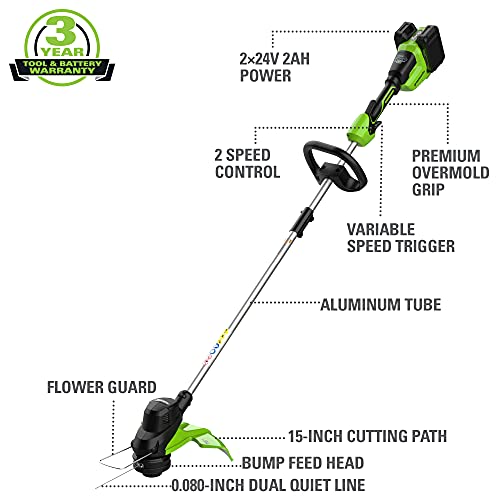 Greenworks 2 x 24V (48V) 15" Cordless String Trimmer, (2) 2.0Ah USB Batteries and Dual Port Rapid Charger Included