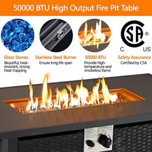 Topeakmart 43’’ Outdoor Gas Fire Pit 50,000 BTU Propane Fire Pits with Tempered Glass Tabletop, Rattan Wicker Base and Fire Glass Stones for Patio/Garden/Party, 2 in 1 Fire Table for Outdoor Heating