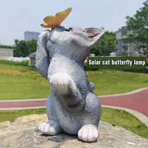 Notakia Cat Statues Butterfly Solar Light Garden Decor, Garden Cat Statue, Outdoor Resin Statue Animal Sculpture, cat with Butterfly Garden Statue Outdoor Decorative Landscape Lights Solar Powered