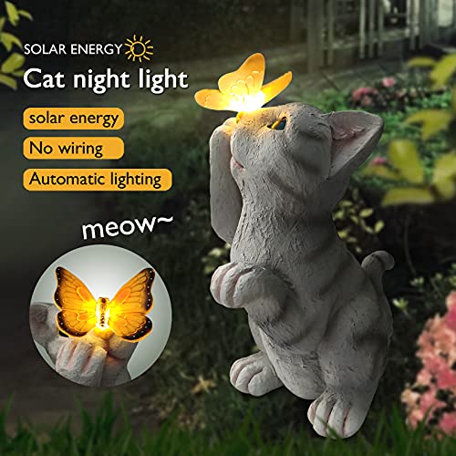 Notakia Cat Statues Butterfly Solar Light Garden Decor, Garden Cat Statue, Outdoor Resin Statue Animal Sculpture, cat with Butterfly Garden Statue Outdoor Decorative Landscape Lights Solar Powered