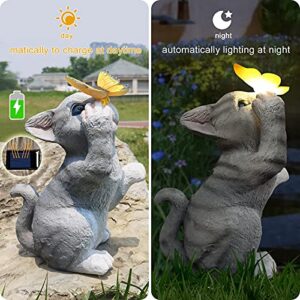 Notakia Cat Statues Butterfly Solar Light Garden Decor, Garden Cat Statue, Outdoor Resin Statue Animal Sculpture, cat with Butterfly Garden Statue Outdoor Decorative Landscape Lights Solar Powered