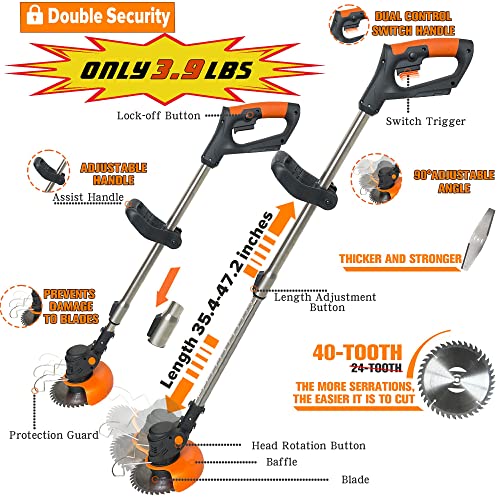 Airbike Brush Cutter Weed Wacker Weed Eater Edger Lawn Tool, for Lawn, Yard, Garden, Shrub Trimming and Pruning w/Battery (Black&Orange Trimmers(21V) + 2 Batteries)