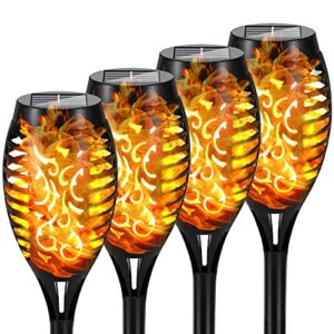 futuriol solar outdoor lights, 4pack 12led solar tiki torches with flickering flame for garden decor, mini ip65 waterproof solar powered landscape flame lights for yard pathway patio, yellow