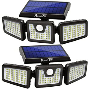 ameritop solar lights outdoor, 2 pack 128 high brightness led cordless solar motion sensor lights; 3 adjustable heads, 270°wide angle illumination, ip65 waterproof, security led flood light(daylight)