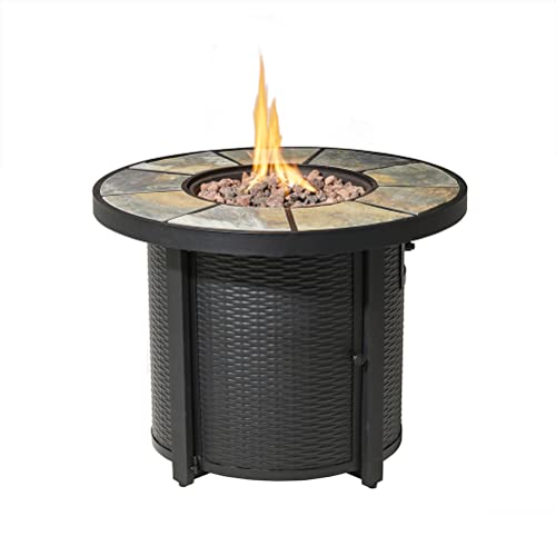 Glitzhome 32" D 30000-BTU Round Slates Top Aluminum Propane Fire Pit with Cover Outdoor Fire Tables for Garden Patio Backyard Deck Poolside