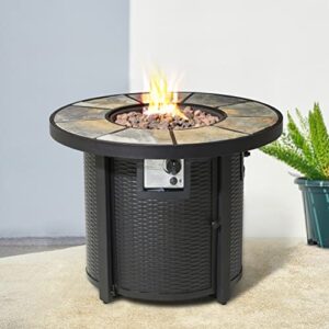 Glitzhome 32" D 30000-BTU Round Slates Top Aluminum Propane Fire Pit with Cover Outdoor Fire Tables for Garden Patio Backyard Deck Poolside