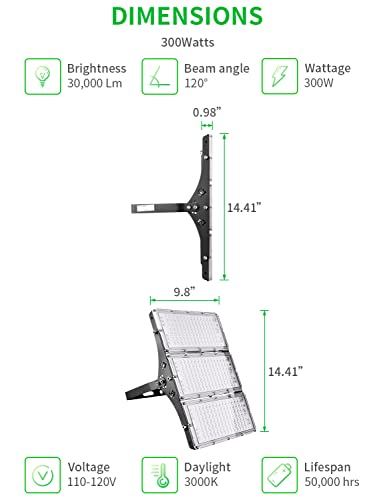 Viugreum 300W LED Flood Light, 24000LM 3000K Warm White, Slim Outdoor Floodlight, IP66 Waterproof Security Lights, Landscape Wall Lights for Garage, Garden, Lawn, Yard, Playground