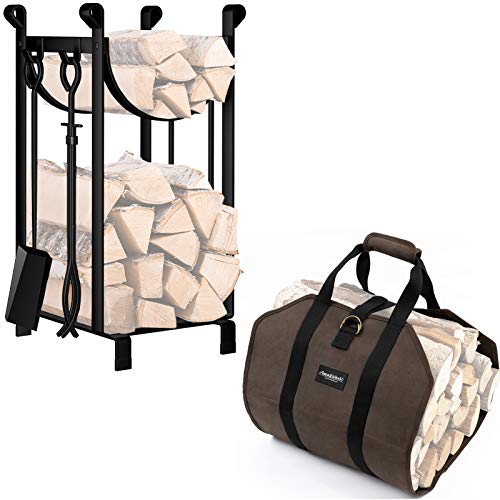 Amagabeli 30.7in Tall Fireplace Log Rack with 4 Tools Bundle Firewood Carrier Bag Canvas Waxed Large Firewood Log Tote