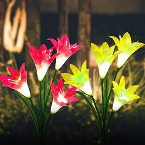 tasodin solar garden lights 2 pack solar outdoor lights with 8 lily flower, solar lights powered waterproof for christmas, yard, garden, patio, pathway decor(yellow and red)