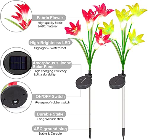 Tasodin Solar Garden Lights 2 Pack Solar Outdoor Lights with 8 Lily Flower, Solar Lights Powered Waterproof for Christmas, Yard, Garden, Patio, Pathway Decor(Yellow and Red)