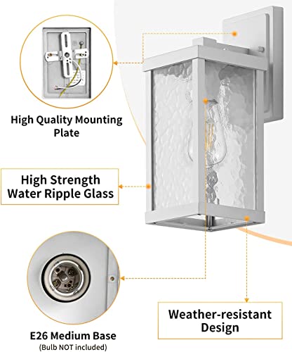 Youroke Outdoor Wall Lantern White, Modern Waterproof Wall Sconces Light Fixtures, Anti-Rust Aluminum Wall Mount Lamp with Water Ripple Glass Shade, Porch & Patio Lights for House Garden Entryway