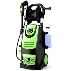 electric pressure washer suyncll power washer 1800w high pressure washer, professional washer cleaner with 5 interchangeable nozzle & hose reel, best for cleaning patio, garden,yard green