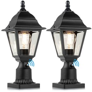 folksmate dusk to dawn outdoor post lights, 2-pack waterproof outside post lamps with pier mount, exterior pole lantern with clear glass, matte black post light fixture for patio, garden, walkway