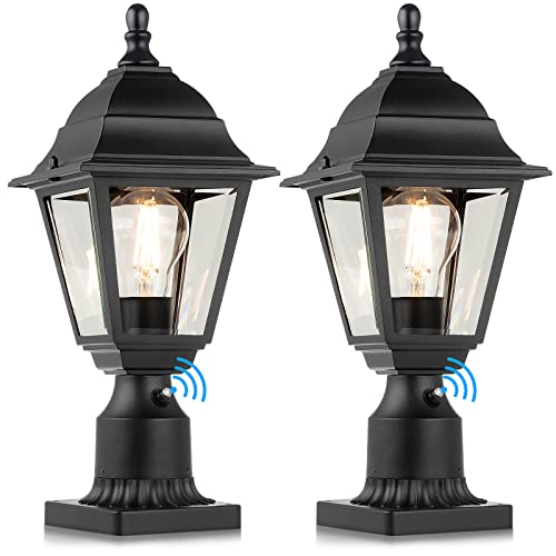 FOLKSMATE Dusk to Dawn Outdoor Post Lights, 2-Pack Waterproof Outside Post Lamps with Pier Mount, Exterior Pole Lantern with Clear Glass, Matte Black Post Light Fixture for Patio, Garden, Walkway