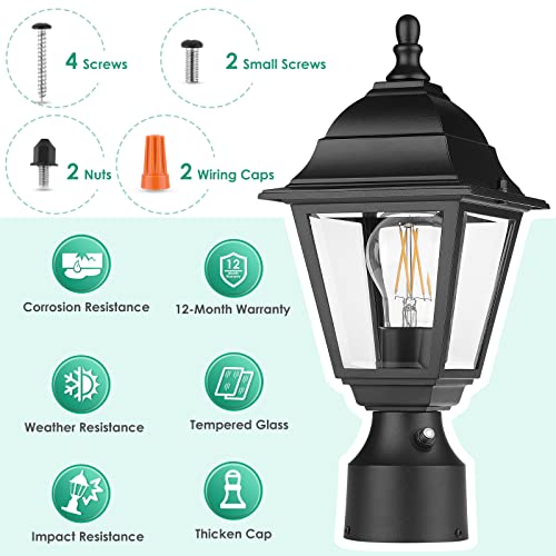 FOLKSMATE Dusk to Dawn Outdoor Post Lights, 2-Pack Waterproof Outside Post Lamps with Pier Mount, Exterior Pole Lantern with Clear Glass, Matte Black Post Light Fixture for Patio, Garden, Walkway