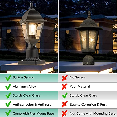 FOLKSMATE Dusk to Dawn Outdoor Post Lights, 2-Pack Waterproof Outside Post Lamps with Pier Mount, Exterior Pole Lantern with Clear Glass, Matte Black Post Light Fixture for Patio, Garden, Walkway