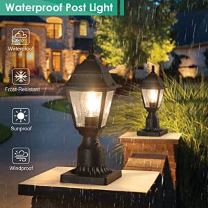 FOLKSMATE Dusk to Dawn Outdoor Post Lights, 2-Pack Waterproof Outside Post Lamps with Pier Mount, Exterior Pole Lantern with Clear Glass, Matte Black Post Light Fixture for Patio, Garden, Walkway