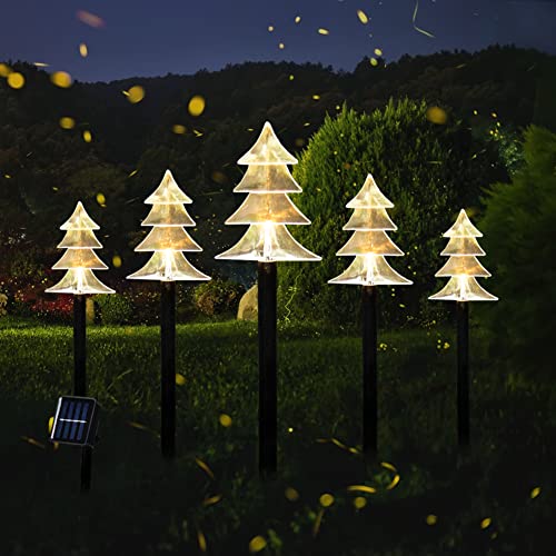 Christmas Solar Stake Lights Set of 5, Waterproof Pathway Lights for Xmas Outdoor Yard, Garden, Patio, Walkway Decoration (Tree)