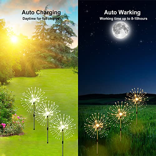 Solar Outdoor Garden Lights, [3 Pack] 360LED Solar Firework Lights 8 Modes Waterproof with Remote Control, Warm Yellow Starburst Fairy Lights for Pathway Backyard Patio Christmas Lawn Wedding Decor