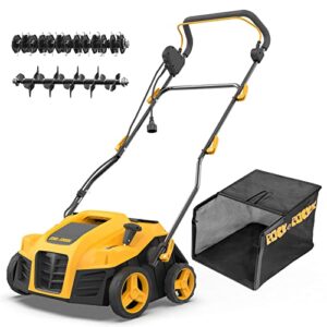 rock&rocker 2-in-1 16inch dethatcher scarifier, 15 amp electric lawn dethatcher, 5 working depth adjust, 48.4qt removable collection bag, for lawn health, yellow (redm16a)