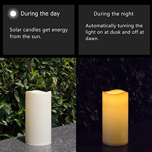 TFROSIM 3" x 6" Solar Candles Outdoor Waterproof with Dusk to Dawn Light Sensor,2 PCS Flameless Candle Set,Flickering LED Pillar Candles for Lantern Patio Garden Lawn Deck Yard