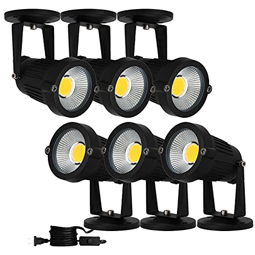 ELEGLO 5W LED Spot Lights Indoor Uplight, IP65 Waterproof Wall Lights,120V Ceiling and Floor Spotlight,3000k Landscape Lighting, Home,Garden,Yard with US 2-Plug Cord with Base and Spikee (6 Pack)