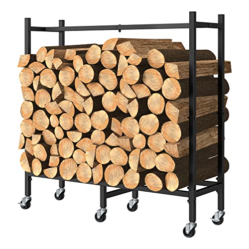 YBING 2.6ft Outdoor Indoor Firewood Storage Rack with Wheels, Assembled Metal Tubular Log Stacker Holder for Patio Fireplace Wood Pile Lumber Storage Stand Cart, Matte Black