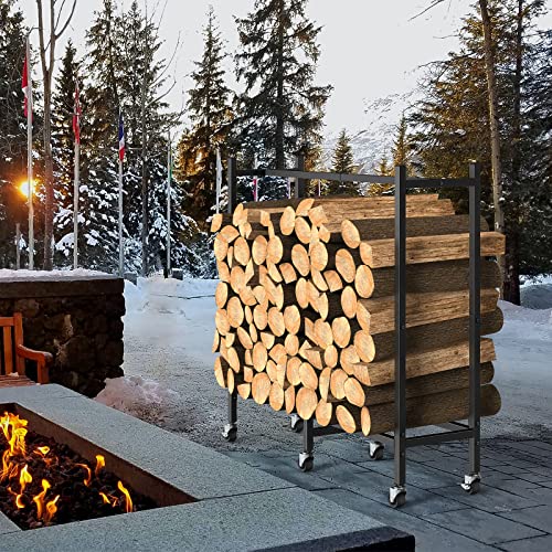 YBING 2.6ft Outdoor Indoor Firewood Storage Rack with Wheels, Assembled Metal Tubular Log Stacker Holder for Patio Fireplace Wood Pile Lumber Storage Stand Cart, Matte Black