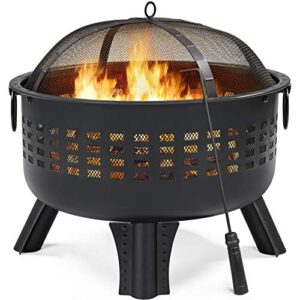 yaheetech 25in fire pit black iron fire pit for outside outdoor wood burning large bonfire pit fire bowl with spark screen, log grate and poker for backyard, patio, garden, camping