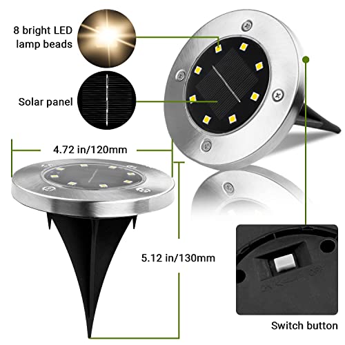 Dr. Prepare Upgraded Solar Ground Lights, 8 Packs 8 LED Solar Garden Lights Outdoor Waterproof Bright in Solar Disk Lights for Pathway Yard Walkway Patio (Warm)