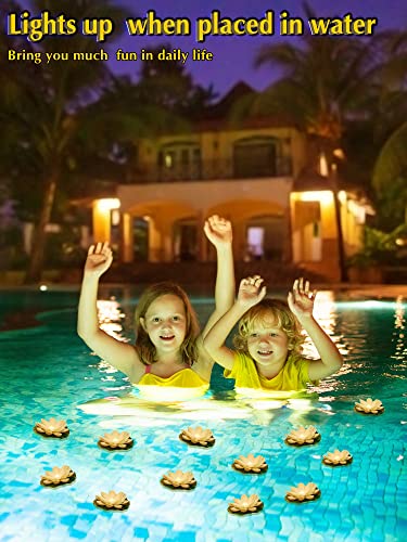 12 Pcs Floating Pool Lights Lotus Floating Lanterns LED Lifelike Floating Lamp Battery Operated Lily Pad Flower Candle Fun Pool Accessories for Pond Decor, Yellow Light (White, 3.94 Inch)