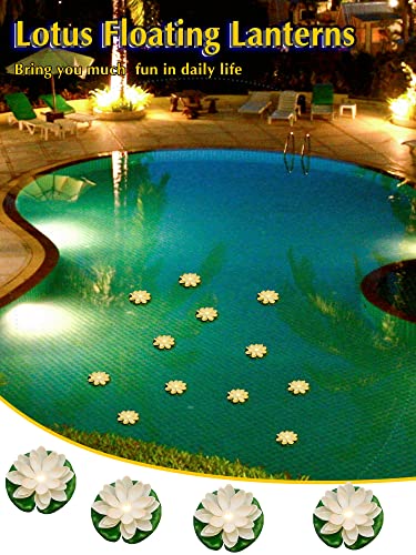 12 Pcs Floating Pool Lights Lotus Floating Lanterns LED Lifelike Floating Lamp Battery Operated Lily Pad Flower Candle Fun Pool Accessories for Pond Decor, Yellow Light (White, 3.94 Inch)