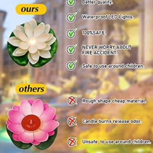 12 Pcs Floating Pool Lights Lotus Floating Lanterns LED Lifelike Floating Lamp Battery Operated Lily Pad Flower Candle Fun Pool Accessories for Pond Decor, Yellow Light (White, 3.94 Inch)