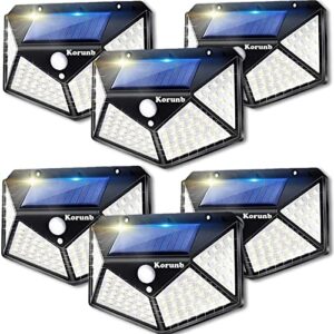 korunb solar motion lights outdoor 6 pack, solar fence lights, 100led/3 modes 270° lighting angle motion sensor security lights, ip65 waterproof solar powered for garden fence patio garage