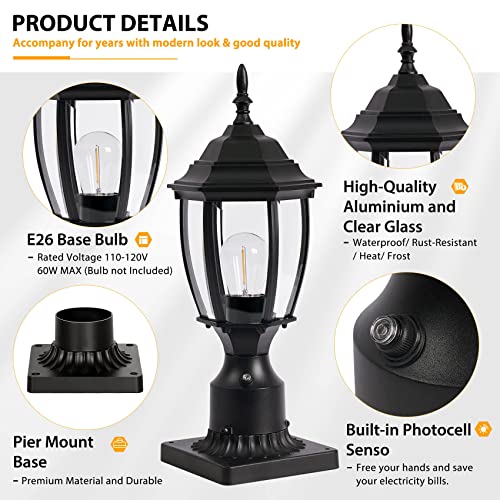 Dusk to Dawn Outdoor Post Lights Hardwired 120V, Aluminum Outside Post Lantern with Pier Mount, Exterior Lamp Pole Lantern Head with Clear Glass, Matte Black Post Light for Patio,Garden,Walkway