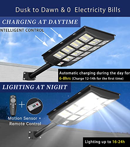 JAYNLT 1500W Solar Street Lights Outdoor, 200000LM 6500K Solar Parking Lot Lights Dusk to Dawn, IP67 Waterproof Solar Security Flood Lights with Motion Sensor for Yard, Garden, Parking Lot